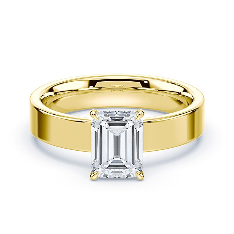Low Profile Emerald Cut Engagement Ring Wide Band Yellow Gold – Plum