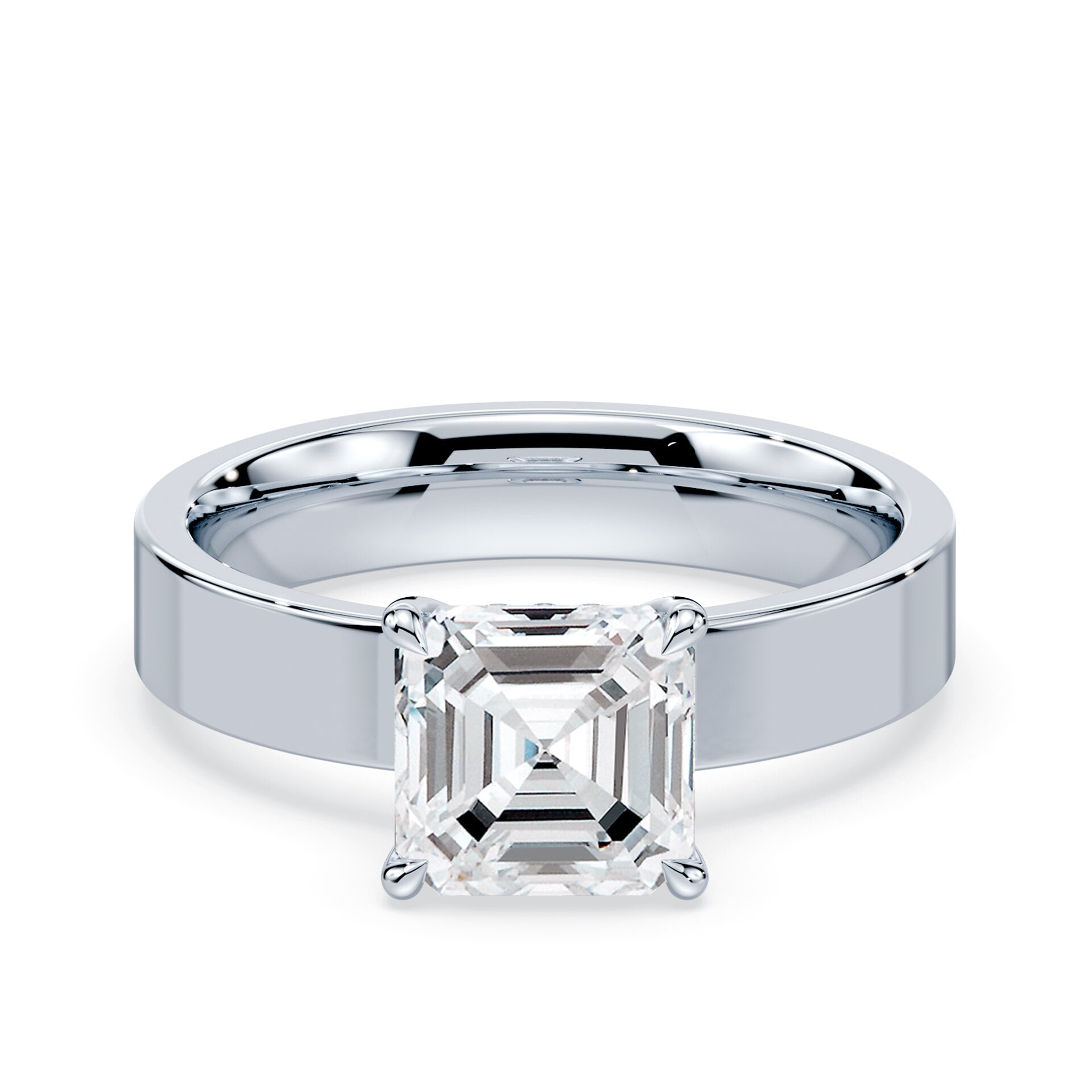 Asscher Cut Low Hidden Halo Wide White Gold Ring – Plum