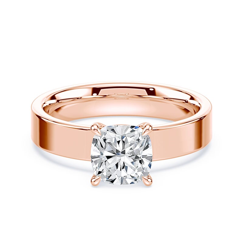 Cushion Cut Classic Diamond Ring Low Profile Wide Band Rose Gold – Plum