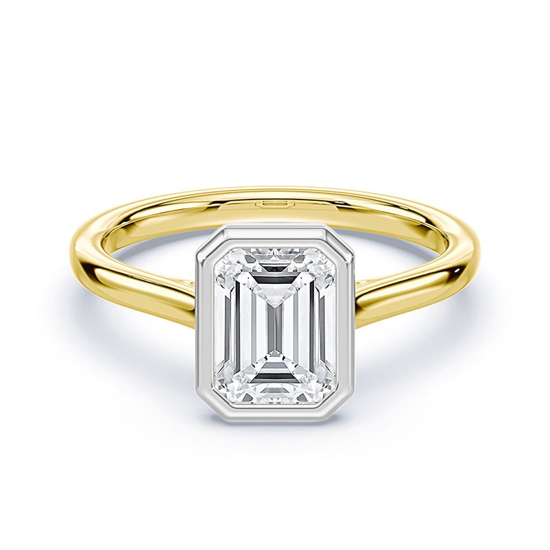 Emerald Cut Bezel Cathedral 2 Tone Yellow Classic Diamond Ring – Plum
