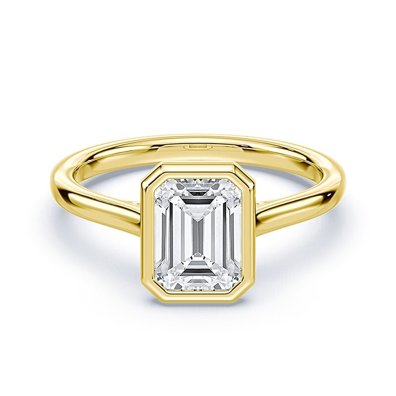 Emerald Cut Bezel Cathedral Yellow Gold Classic Diamond Ring – Plum