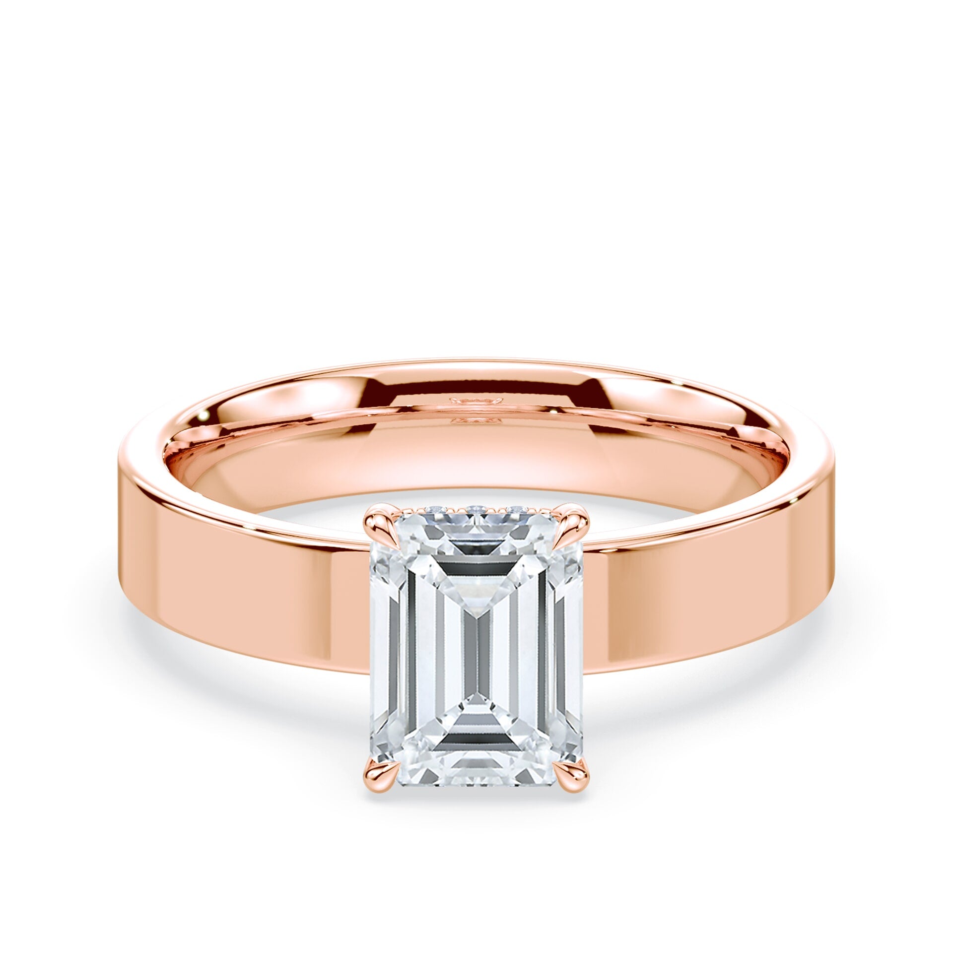 Emerald Cut Low Hidden Halo Wide Rose Gold Ring – Plum