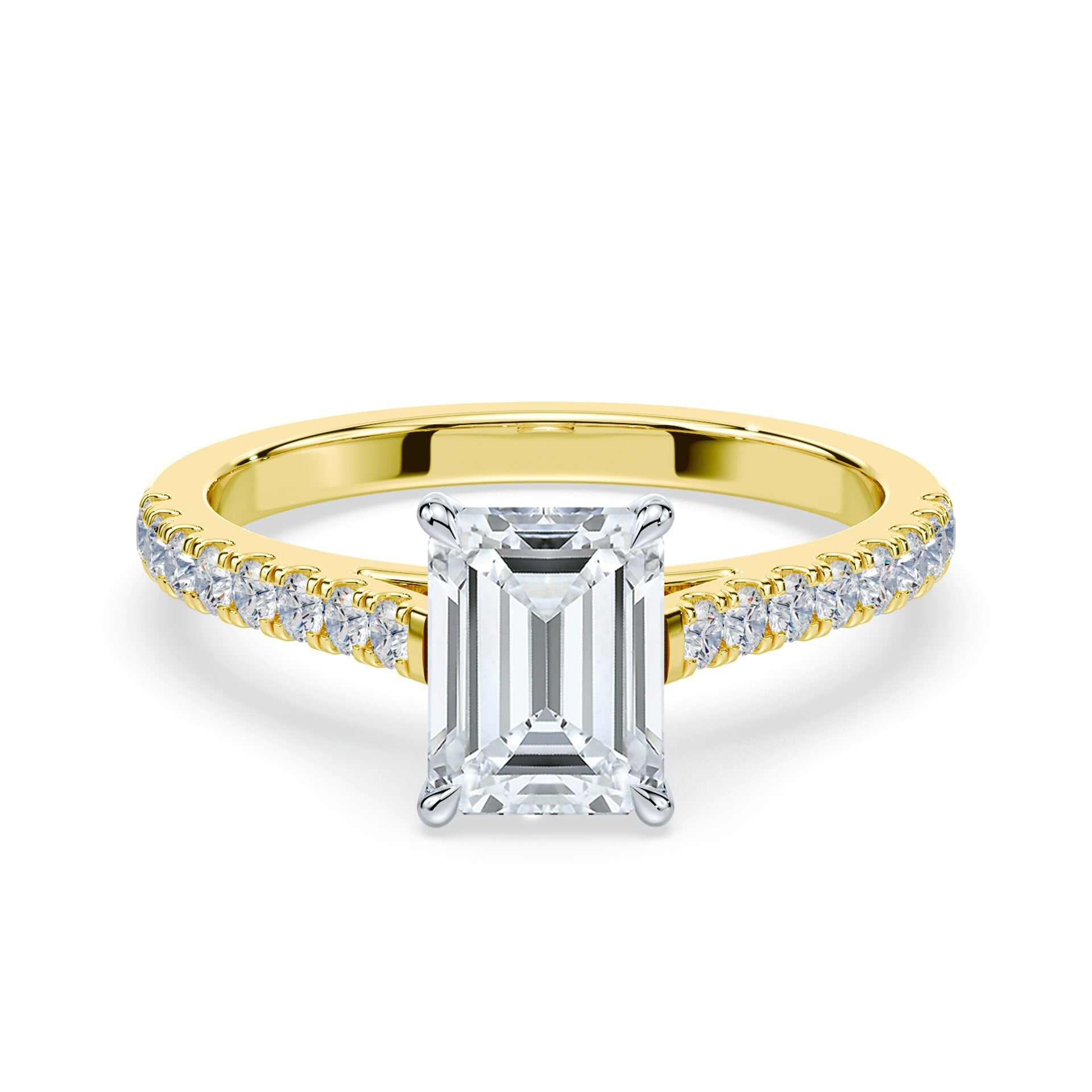 Emerald Cut Slim Pave Cathedral Two Tone Ring – Plum