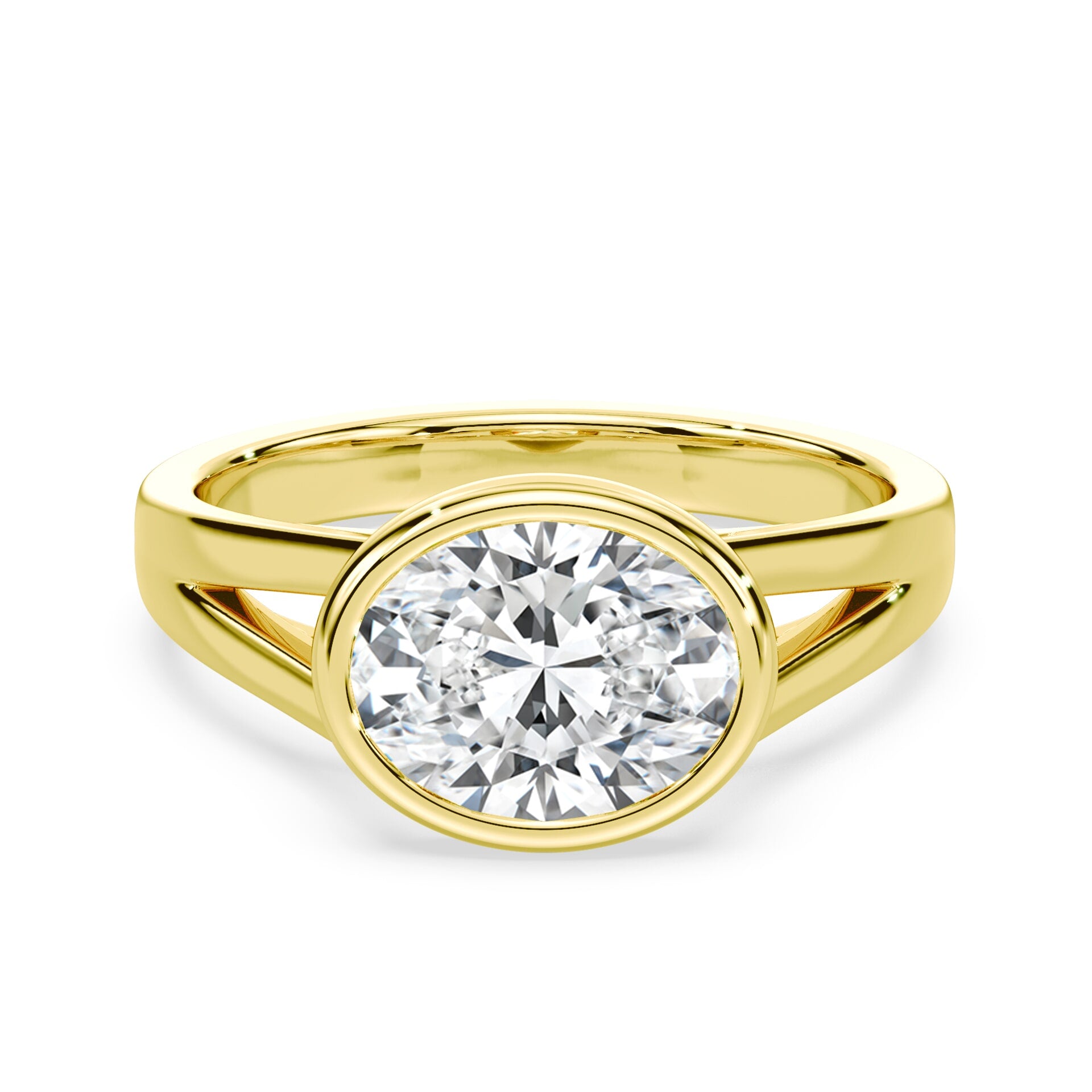 Oval Cut East-West Bezel Yellow Gold Engagement Ring | Plum Diamonds