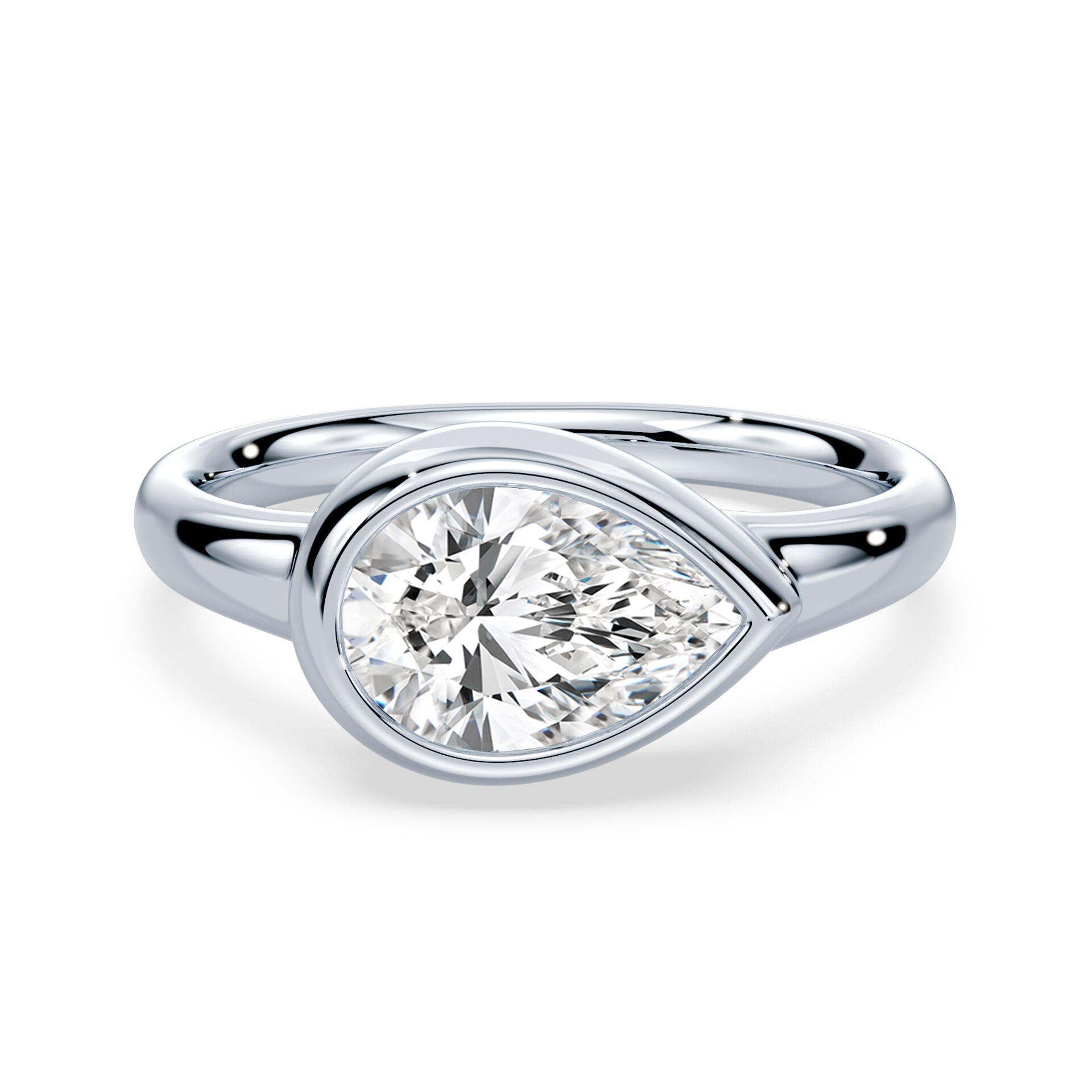 Pear Cut East-West Split Shank Bezel Ring White Gold – Plum