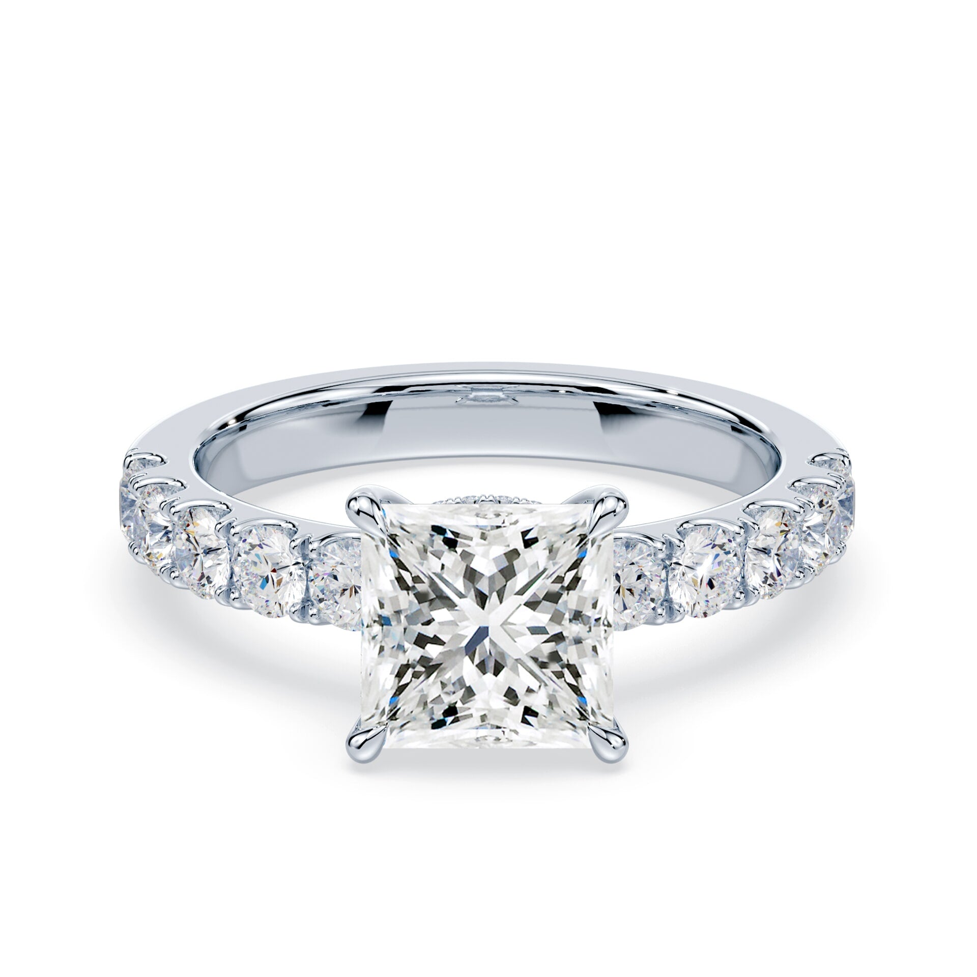 White Gold Princess Cut Hidden Halo Wide Pave | Plum Diamonds