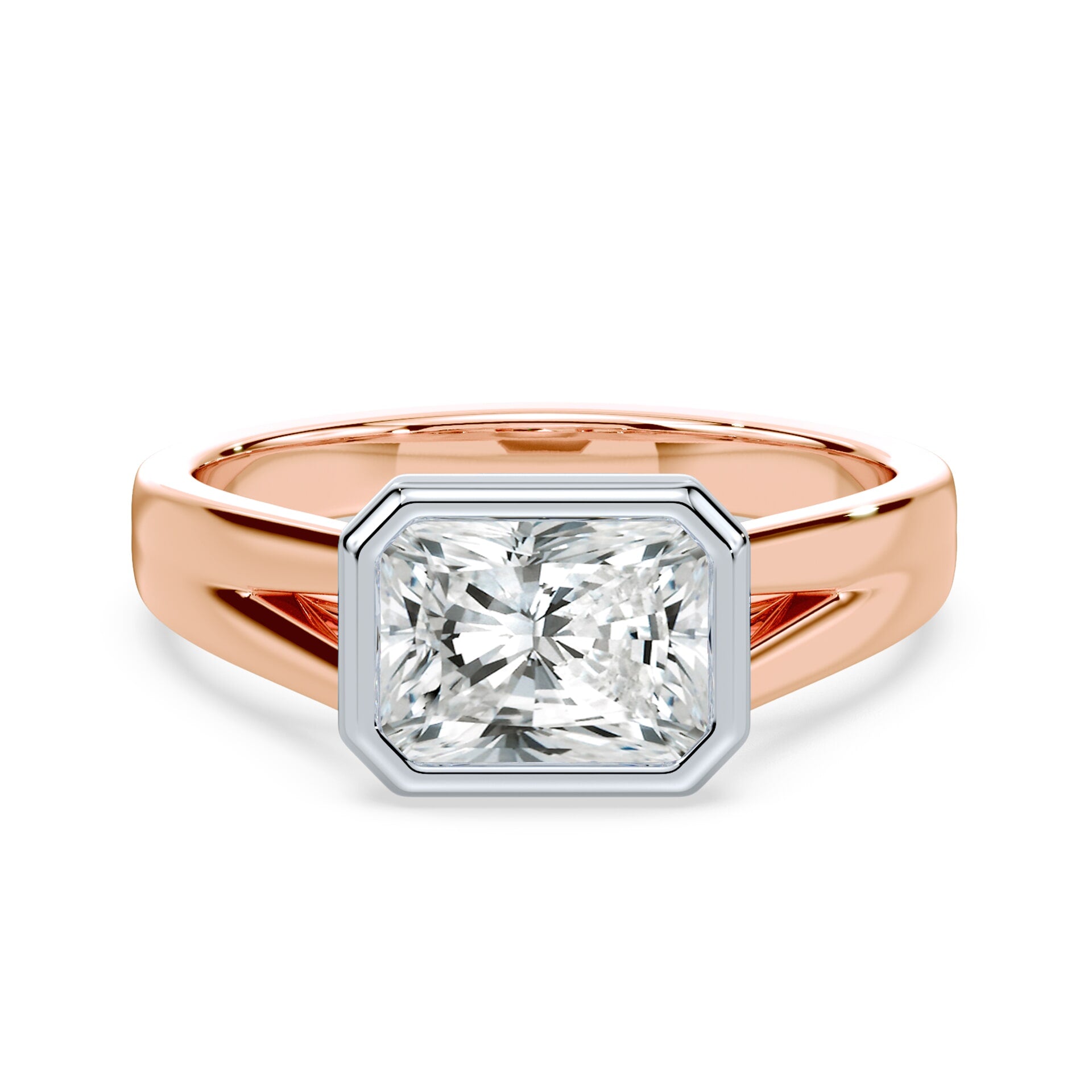 Radiant Cut East-West Split Cathedral Bezel Ring – Plum