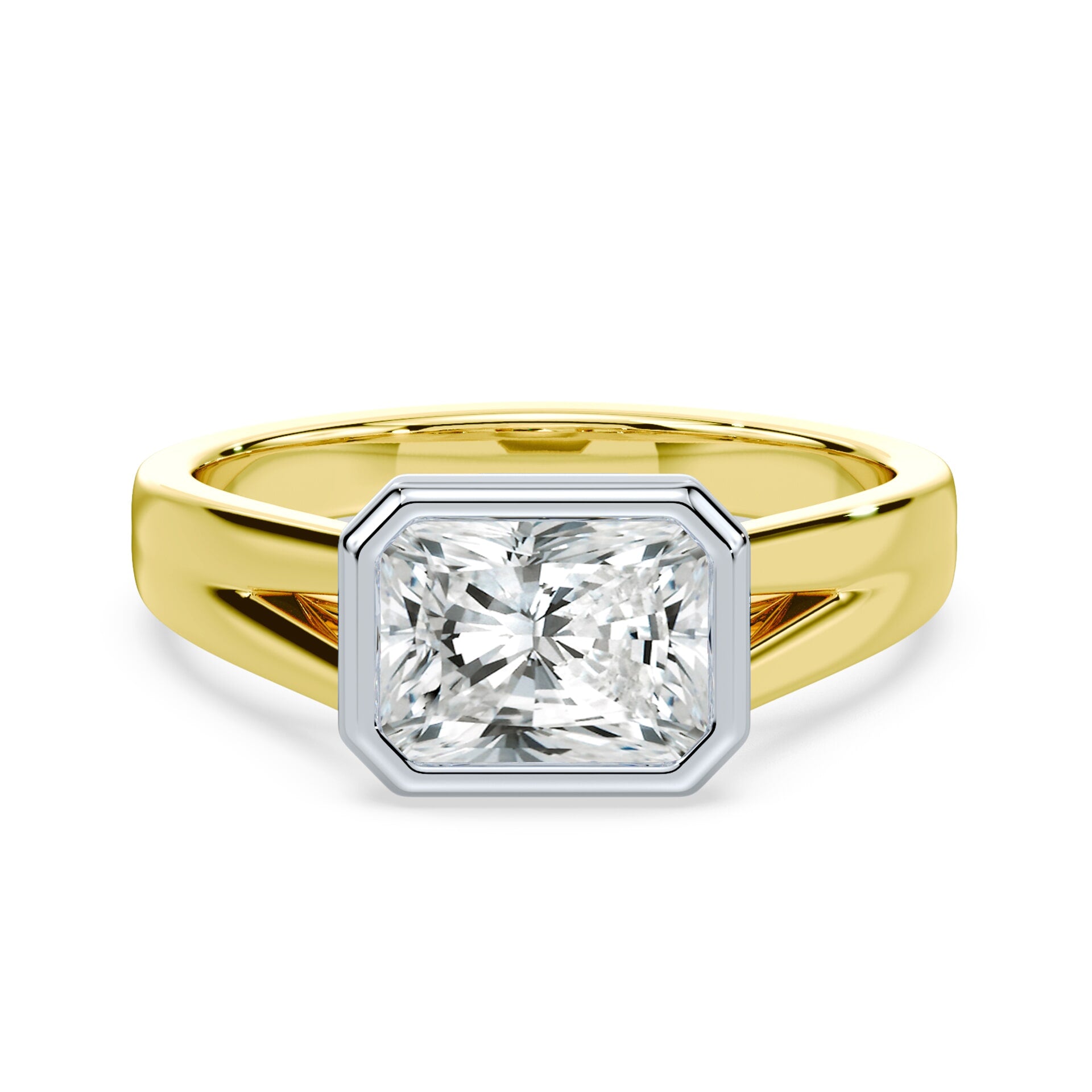 Radiant Cut East-West Split Cathedral Bezel Ring – Plum