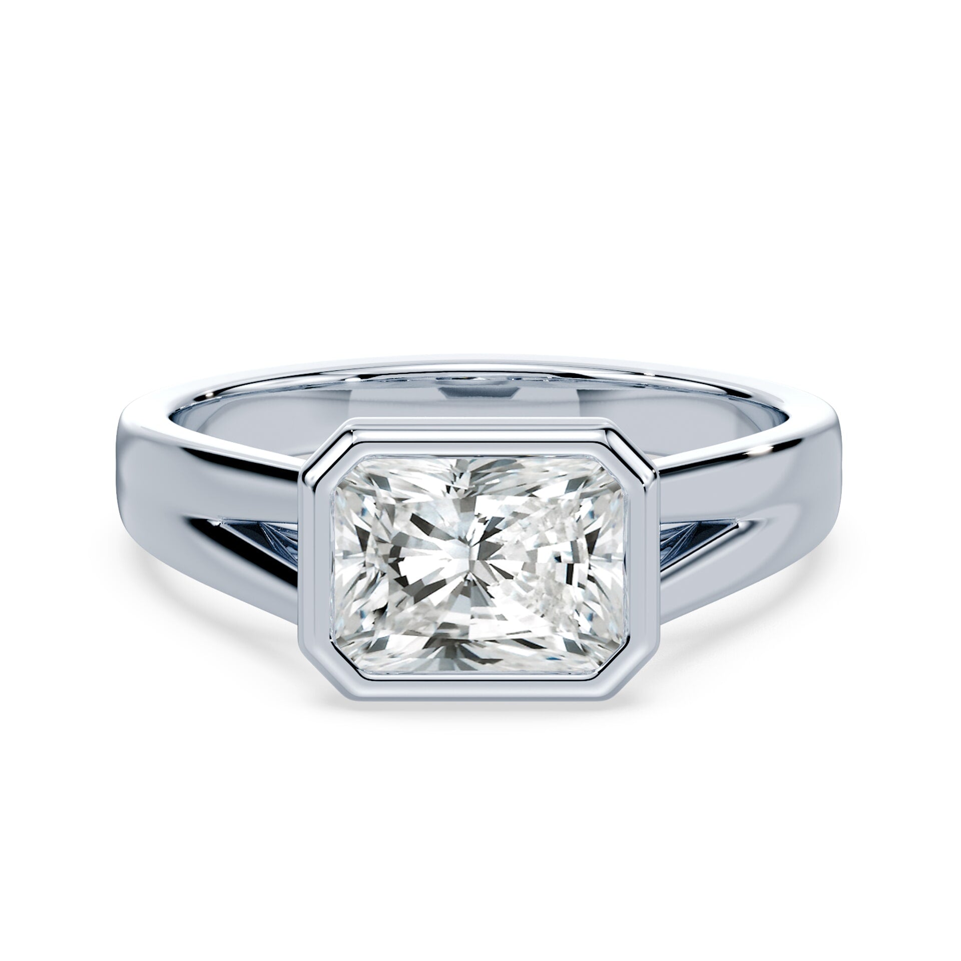 Radiant Cut East-West Platinum Bezel Diamond Ring | Plum Diamonds