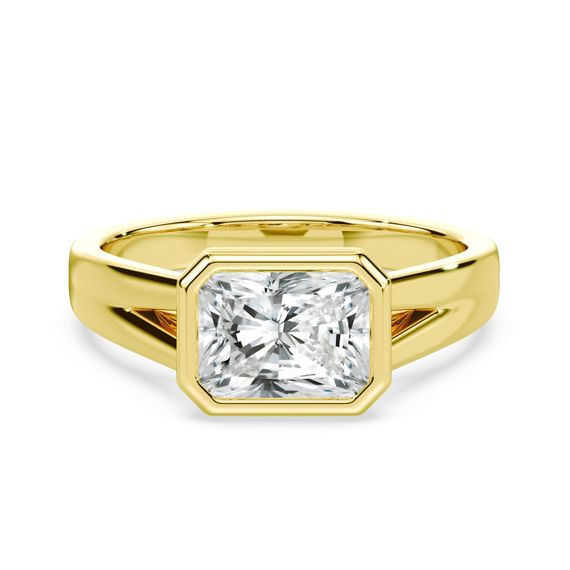 Radiant Cut East-West Bezel Yellow Gold Diamond Ring – Plum