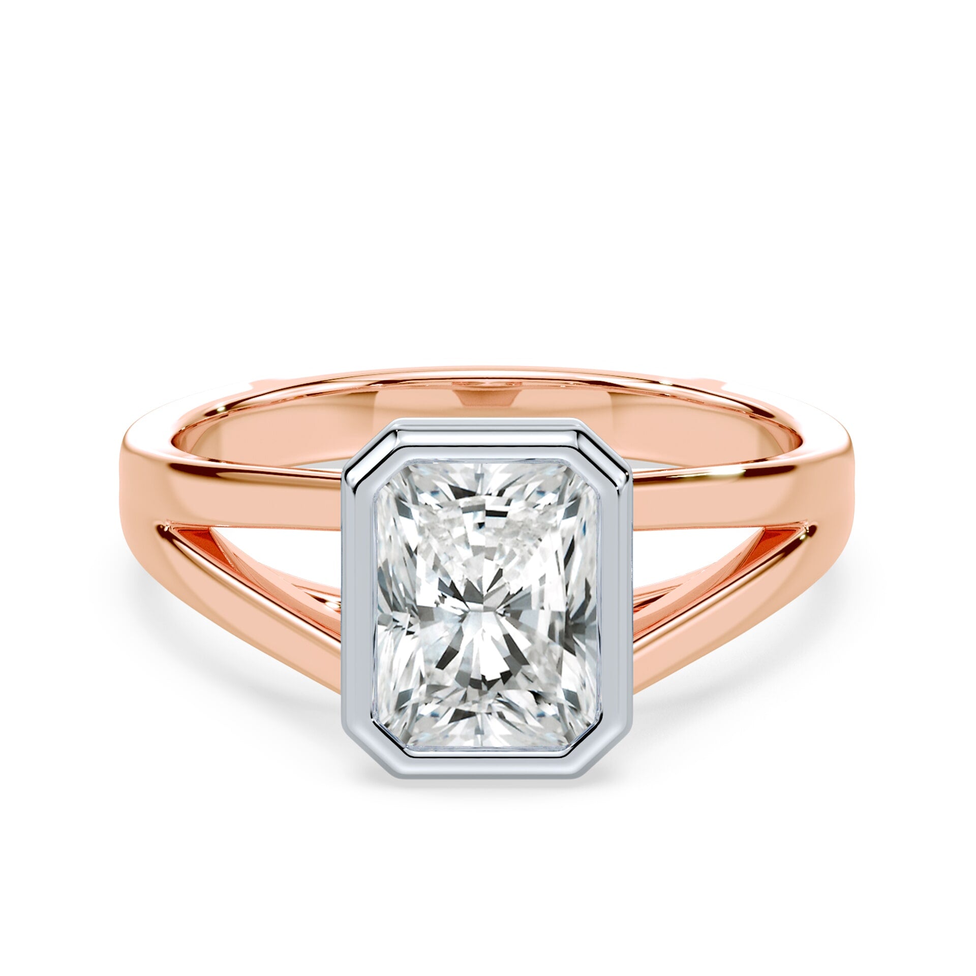 Radiant Cut Split Cathedral Bezel Ring – Plum