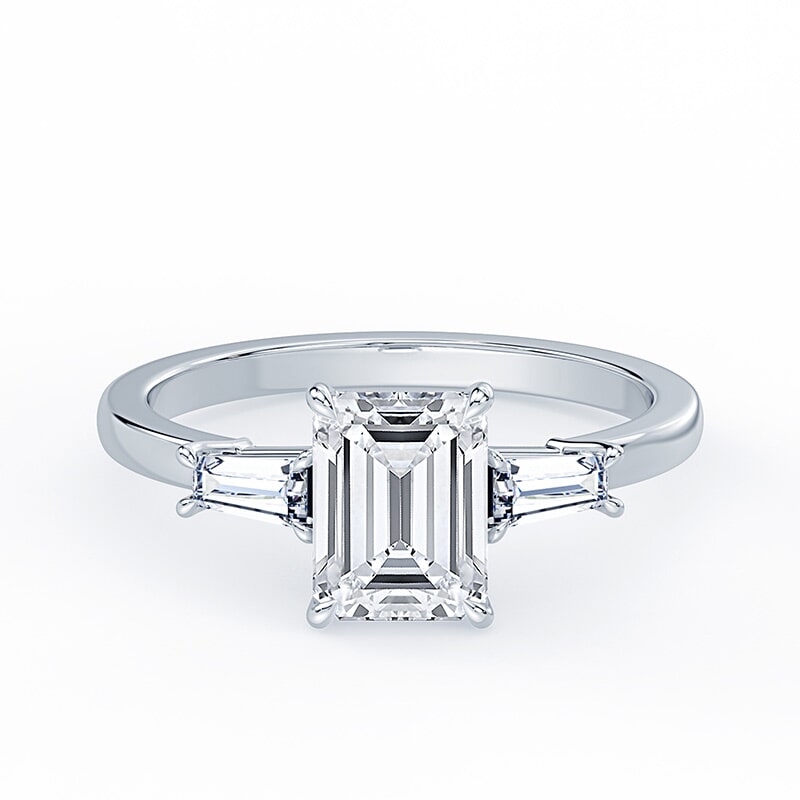 Three Stone Emerald Cut Engagement Ring With Baguettes Platinum – Plum