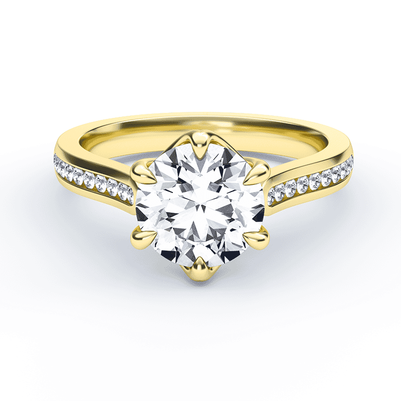 Yellow Gold 6 Prong Round Channel Band Ring | Plum Diamonds
