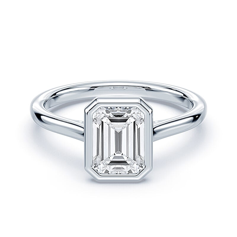 Emerald Cut Bezel Cathedral White Gold Diamond Ring – Plum