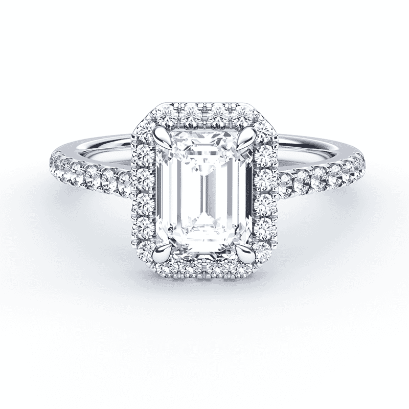 Pave Platinum Emerald Cut Halo Engagement Ring – Plum Diamonds