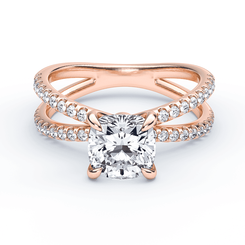 Hidden Halo Rose Gold Split Shank Cushion Engagement Ring – Plum